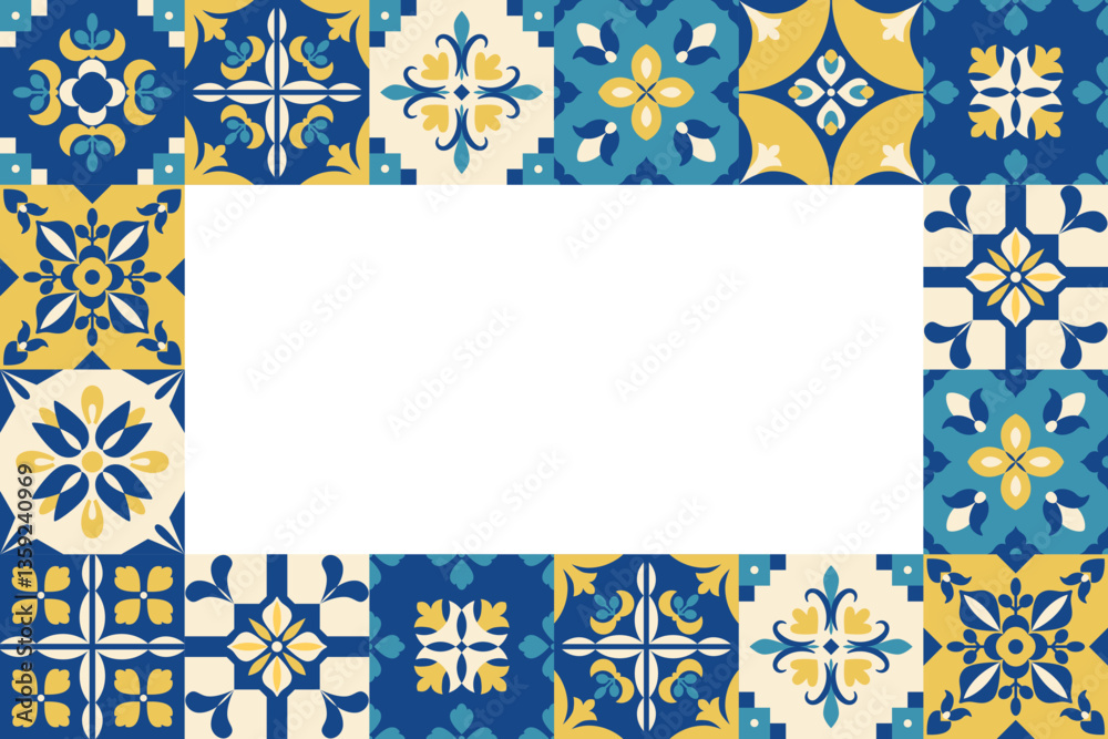 Mediterranean tile frame. Ornamental border pattern. Portugal, Mexican ...