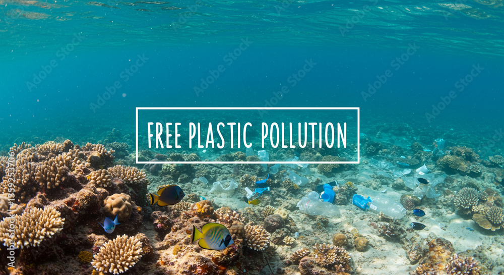 Foto de Stock Coral reef with plastic pollution and fish underwater in ...