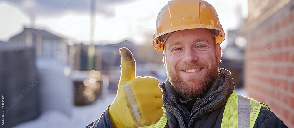 Happy construction worker giving thumbs up with safety helmet and ...
