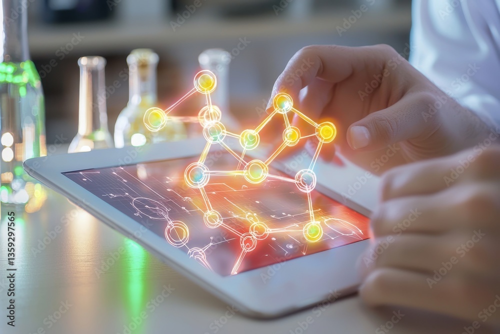 Hands holding tablet displaying animated molecule model, glowing ...