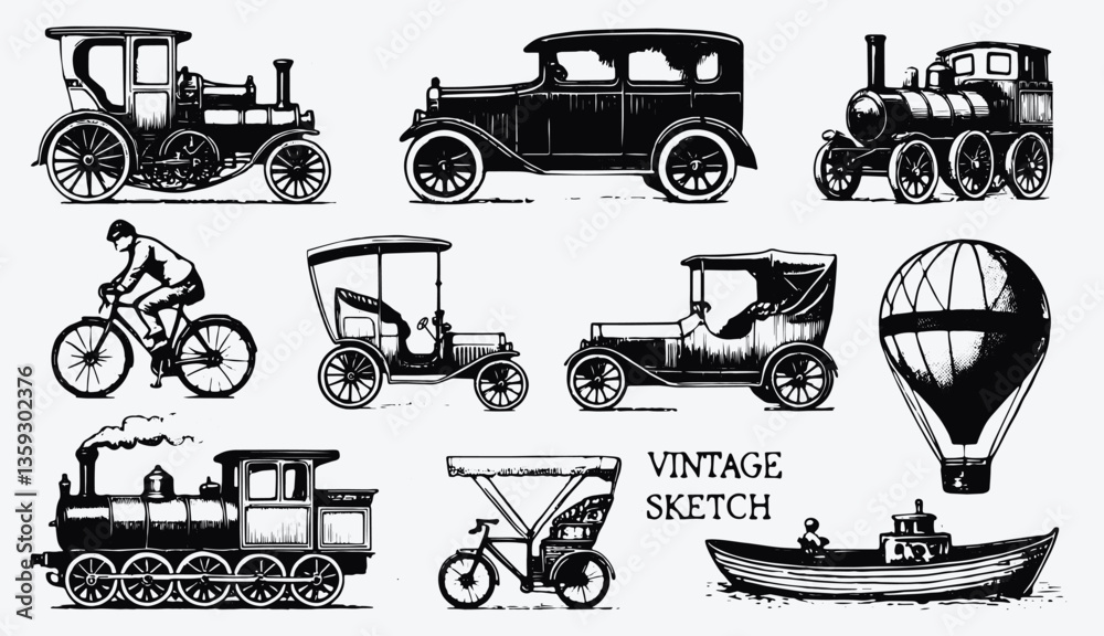 Vintage transportation sketch, A collection of detailed illustrations ...