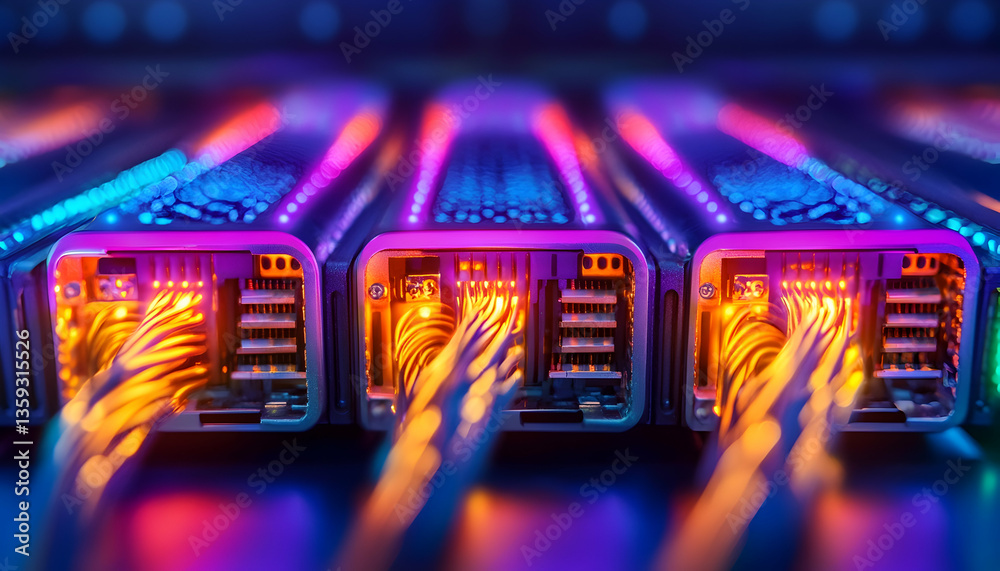 Network servers, data transfer, fiber optic cables, digital ...