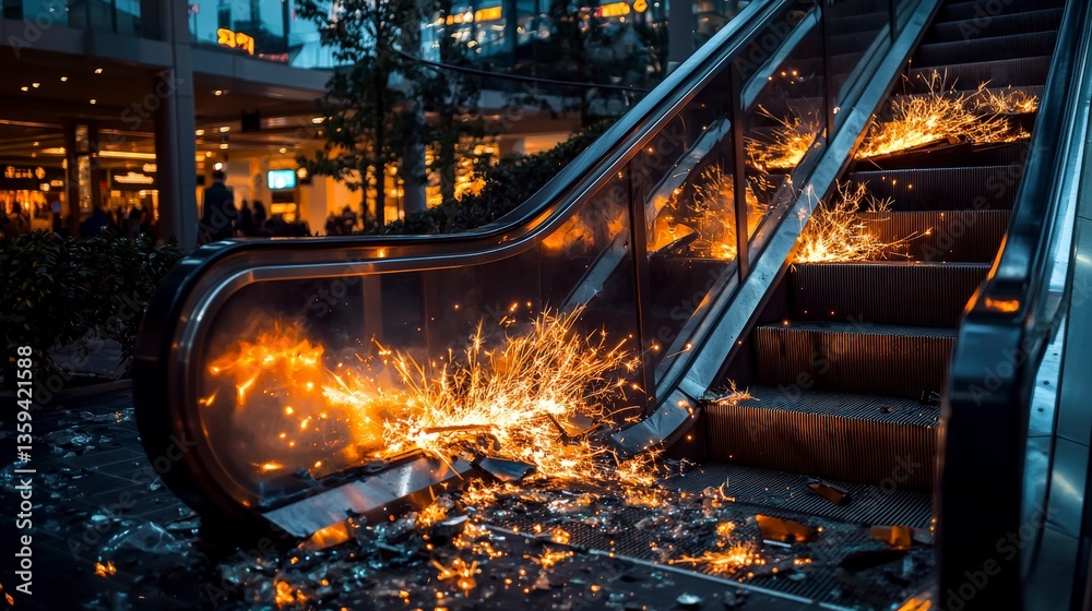 Escalator sparks ignited during electrical failure shopping mall urban ...