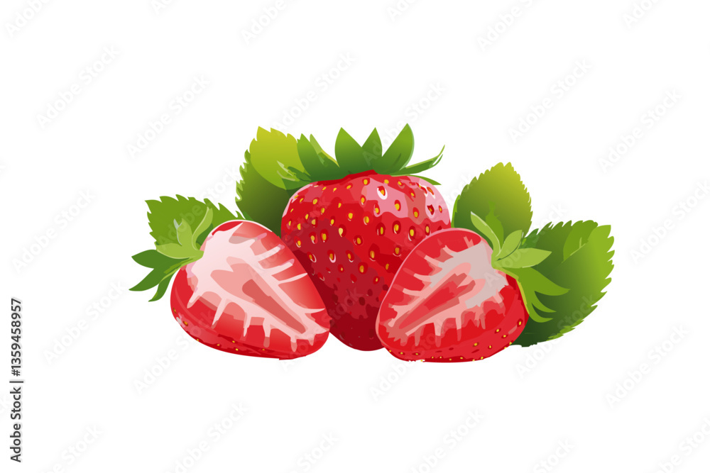 Ilustración de una fresa roja y otra partida por la mitad, fondo blanco ...