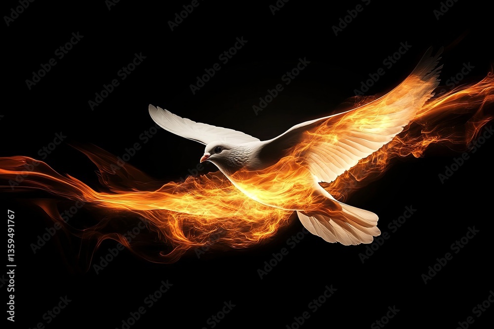 White Dove Engulfed in Flames on Black Background A Symbol of Peace ...