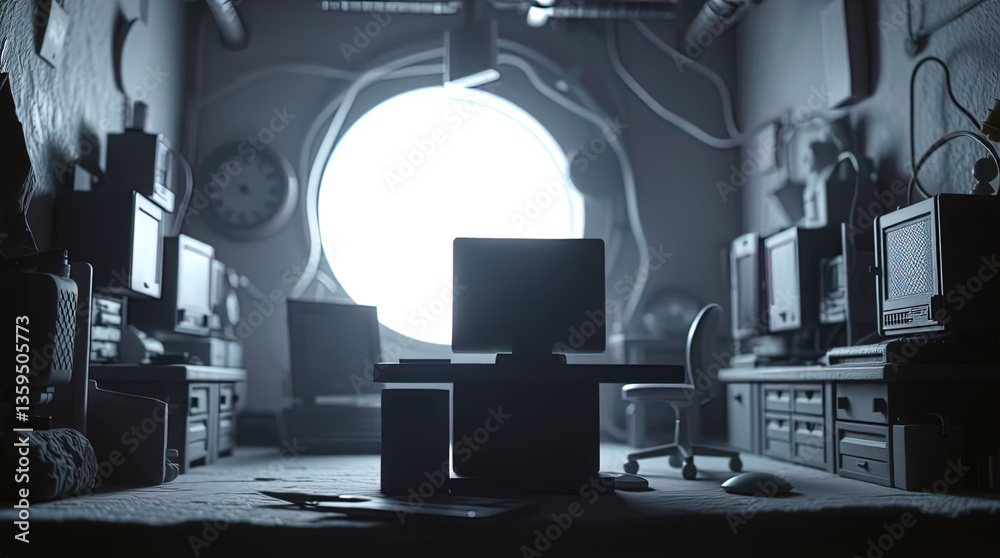 Sculptural clay art depicting a cyberpunk IT lab, silhouetted against a ...