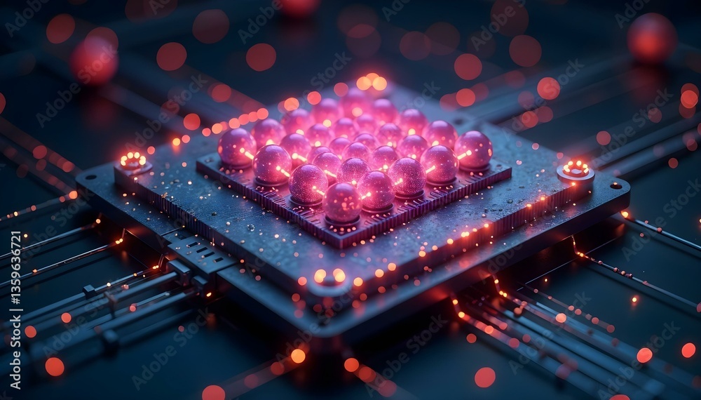 3D quantum computing core with glowing qubit spheres orbiting a sleek metallic frame futuristic ...
