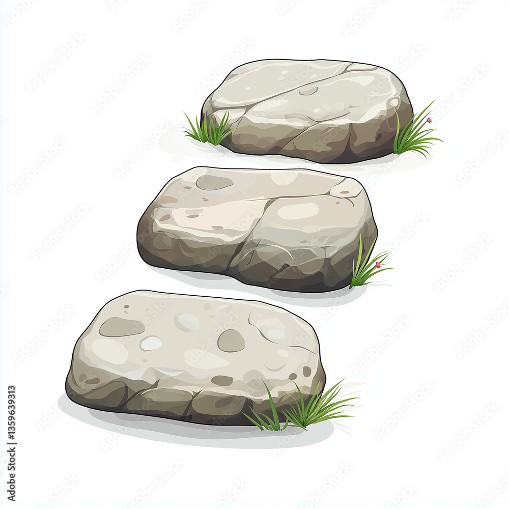Stone pathway with three rough stepping stones and small grass patches ...