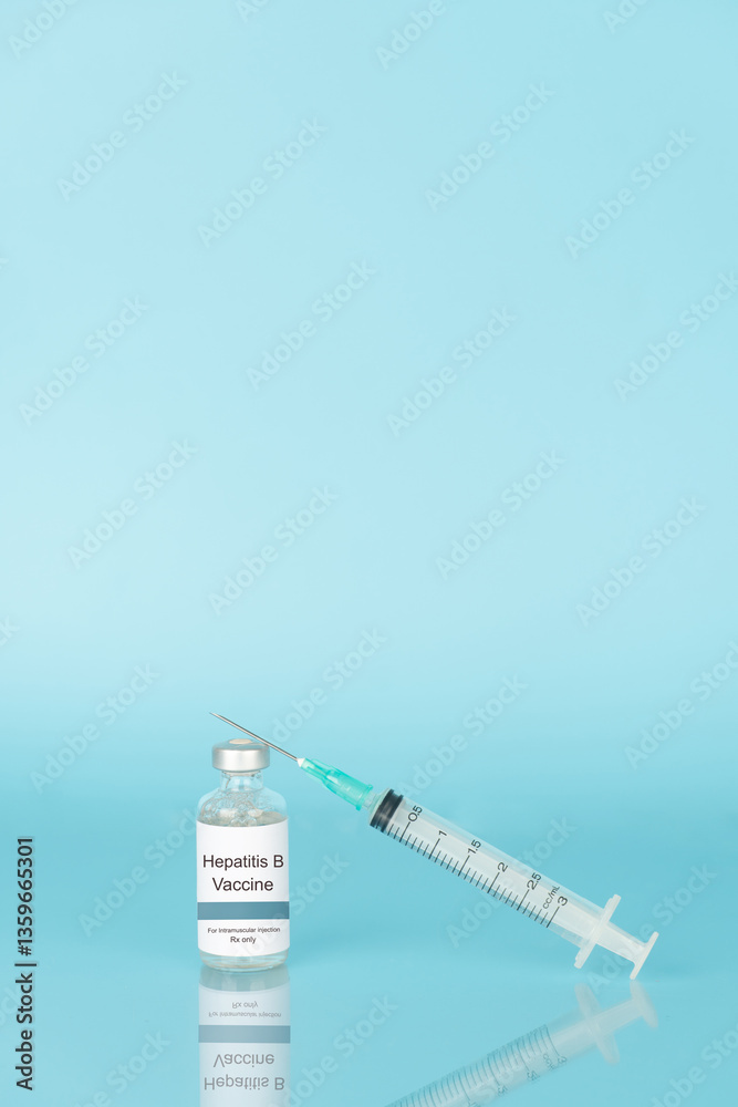 Hepatitis B vaccine vial bottle with syringe on blue background. Hepatitis B vaccine used to ...