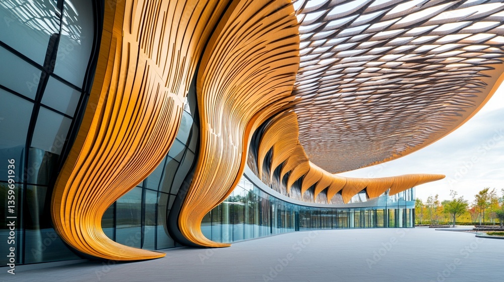 Sweeping architectural marvel with undulating wooden curves creating a ...