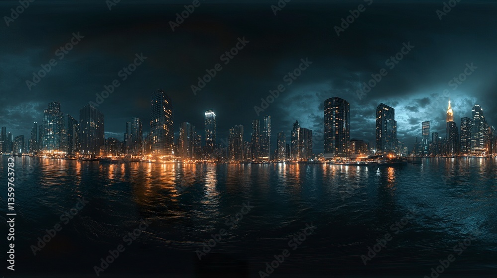 Spherical HDRI night view of a sprawling urban skyline, buildings ...