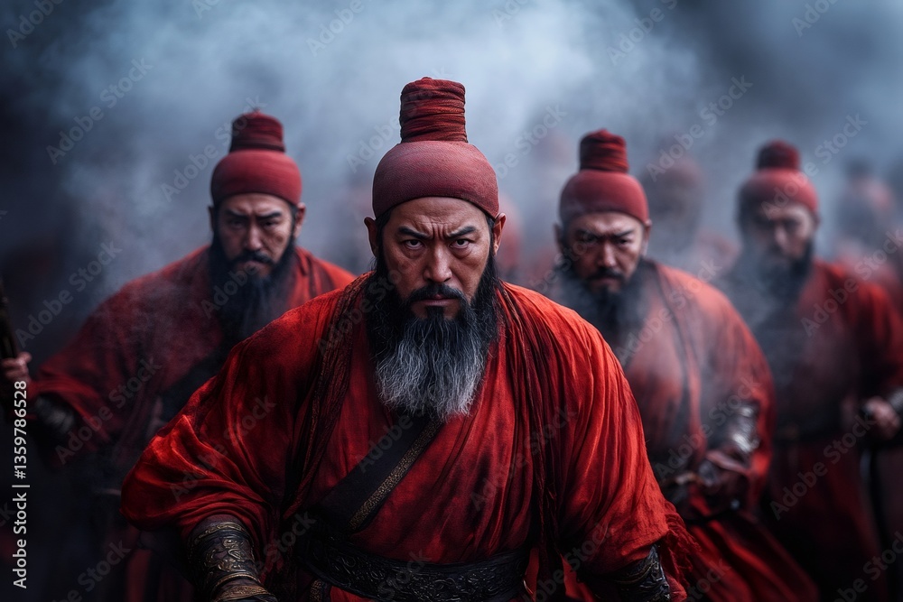 Imperial guards marching through smoke and dust in ancient china Stock ...