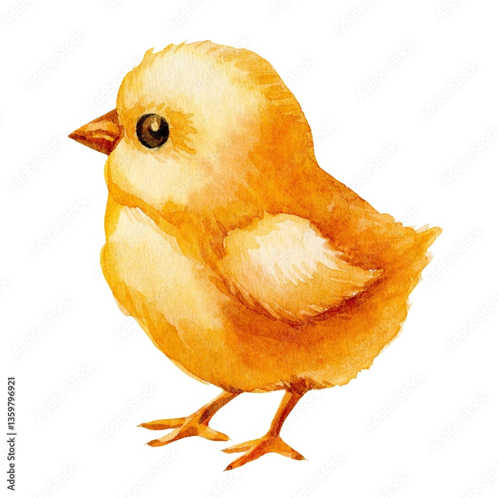 Cute yellow chick stands on its feet with a fluffy texture and bright ...