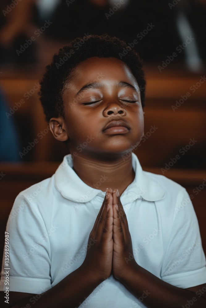 African American child praying with closed eyes and folded hands ...