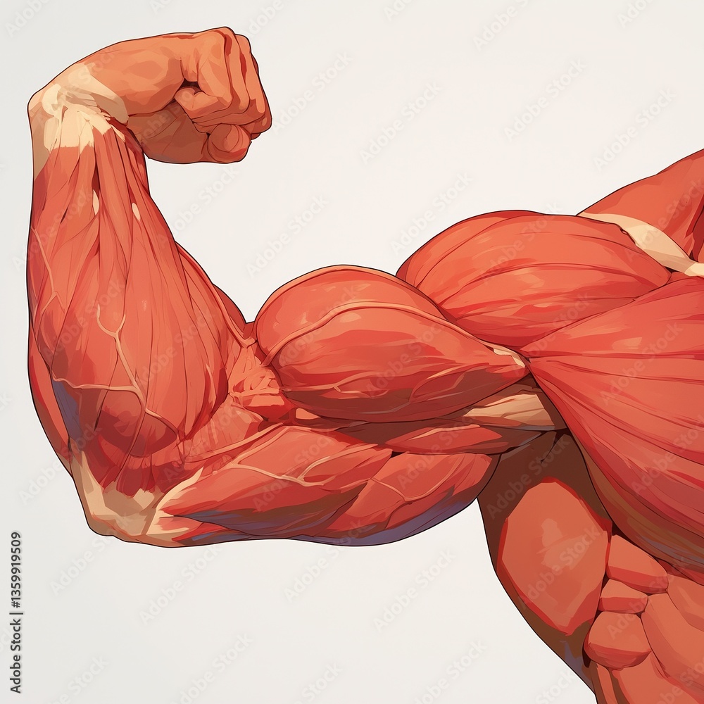 Muscular arm flexing with detailed veins and tendons visible ...