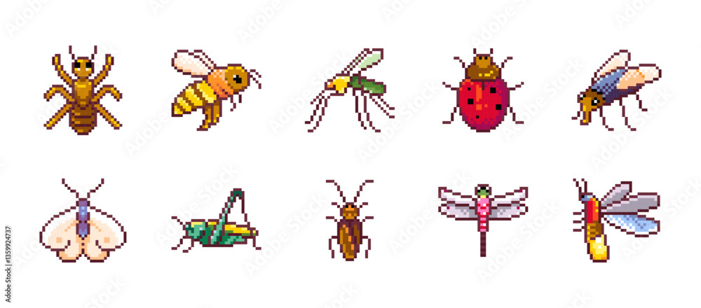 Pixel Art Insects Icons. 8 bit style stickers of Pixelated Insect ...