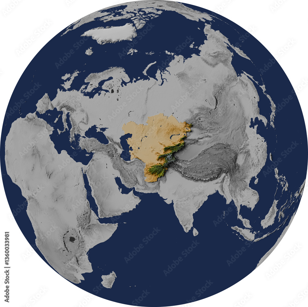 Colored terrain map of Central Asia in orthographic view Stock ...