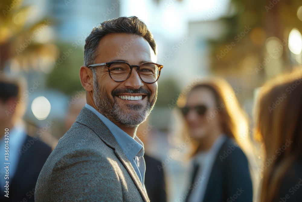 Businesspeople in a city. During break time, the group makes use of ...