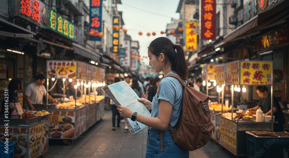 Woman Tourist Reading Map in Asian Street Food Market Exploration Stock ...