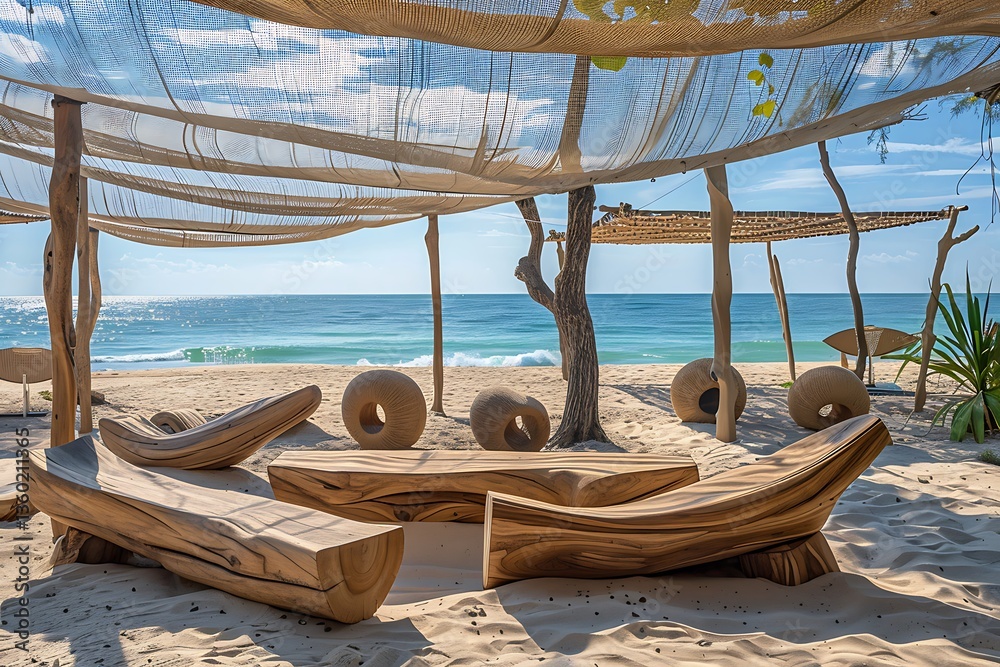 A beachfront sitting area with wave-inspired wooden benches, shaded by ...