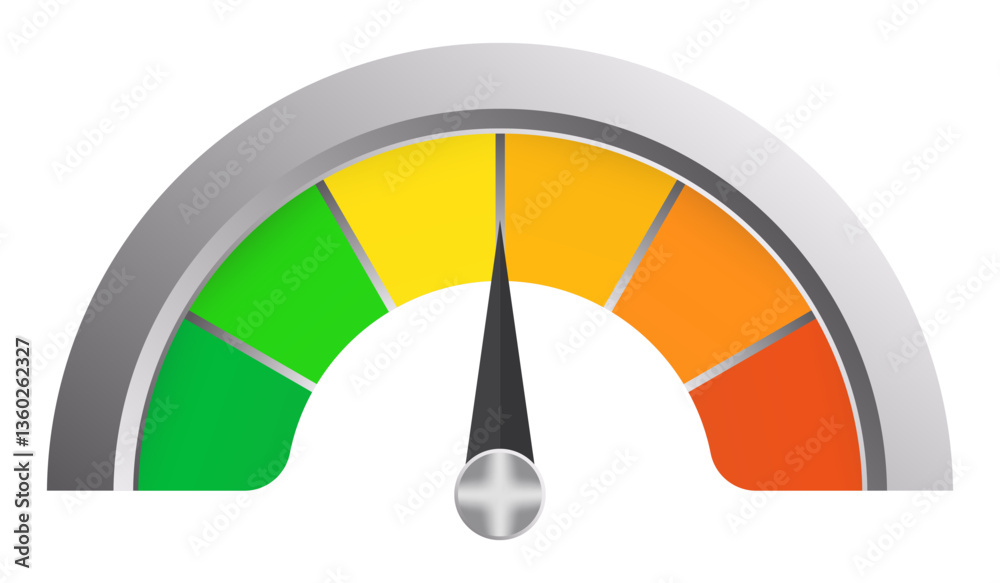Efficiency gauge set icon. Color scale dial shows performance status ...