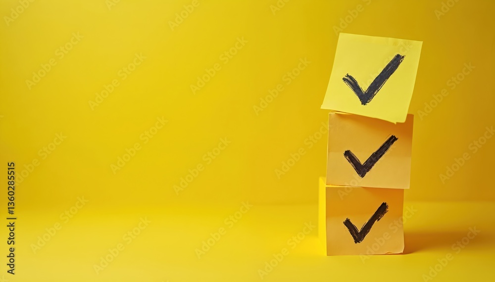 Sticky notes with check marks against yellow background. Checklist ...