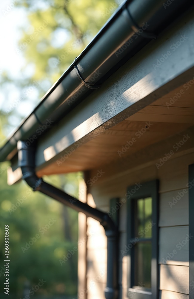 Foto de Stock Black gutter installed on roof of home with trees ...