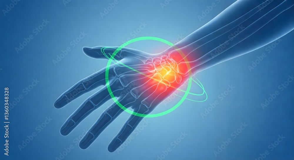 A digital illustration of a human hand and wrist, with the wrist bones ...