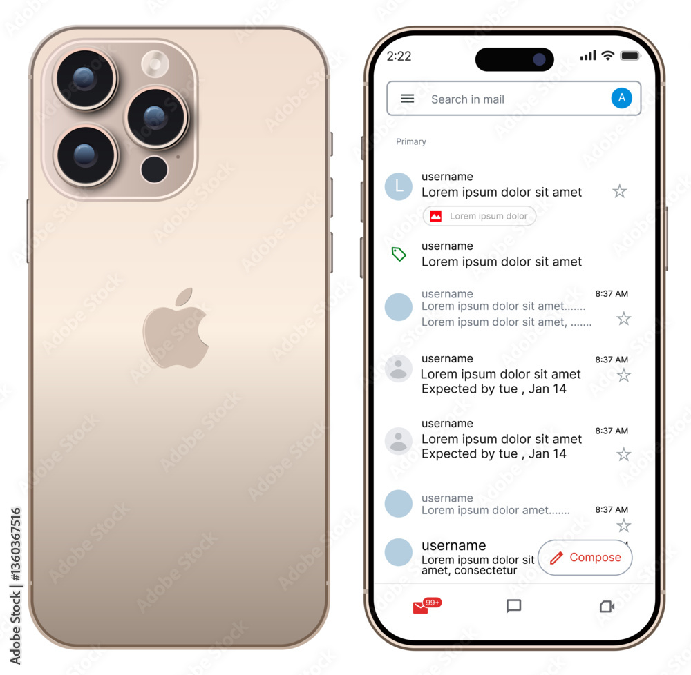 Gmail UI mockup template. Gmail email inbox and message interface ...