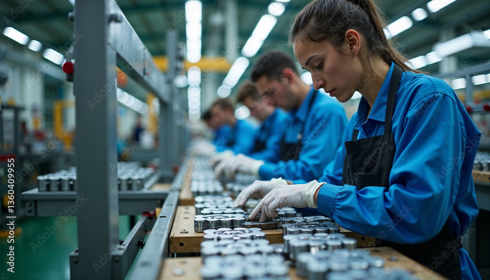 Female and male assembly line workers focused on precision tasks in a ...