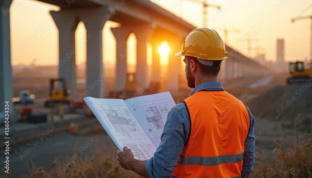 Civil engineer in hardhat examines blueprints at bridge construction ...
