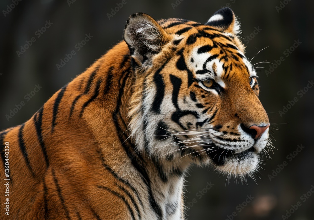 Feline predator tiger close up portrait for zoology book, exotic animal ...