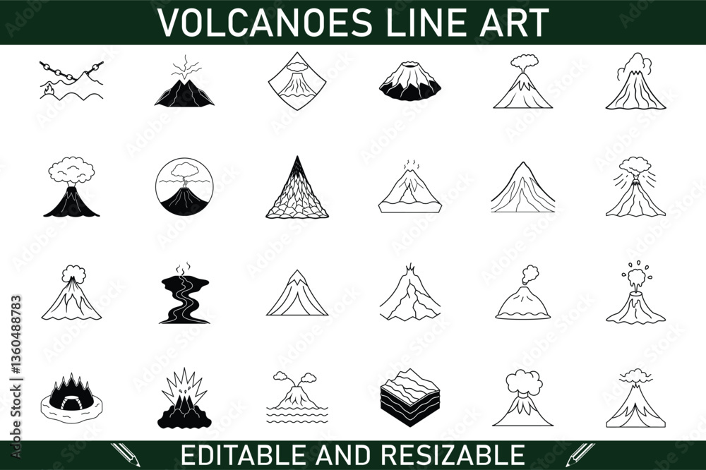 Volcanoes Line Art Eruption, Lava, Mountain, Icons, Graphics, Editable ...