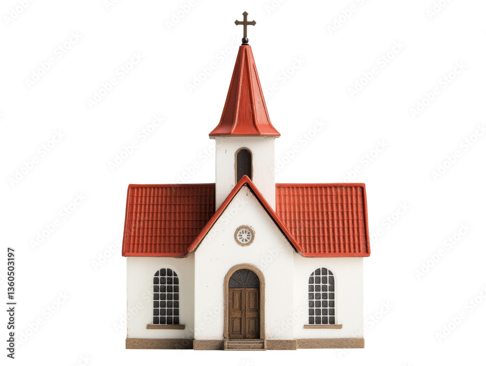 Miniature church model with red roof and cross on top on a transparent ...