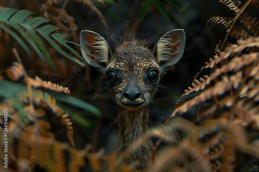 Tiny extinct Eohippus peek out behind cluster of ancient fern large eye ...