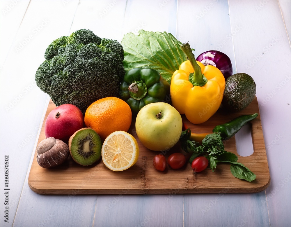 Frutas y verduras cortadas sobre una tabla listas para cocinar ...