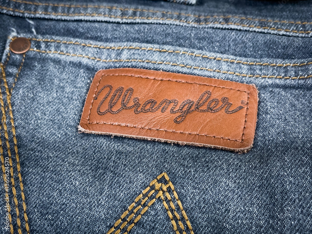NORTH PORT, FLORIDA - MARCH 25, 2025 : Wrangler logo patch on denim ...