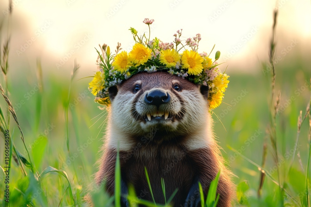 Cute baby animal beaver wearing feral flower wreath on its head. Summer ...