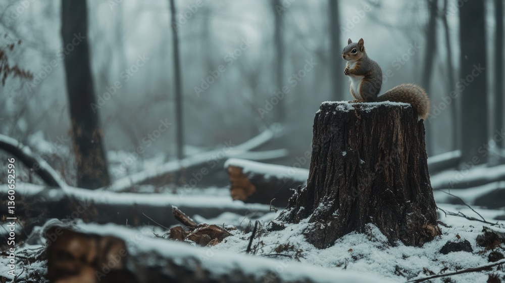 Wild animal standing in forest with cut down trees. Animal lost natural ...