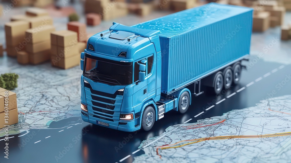 Blue truck with container on map shows route planning for ...