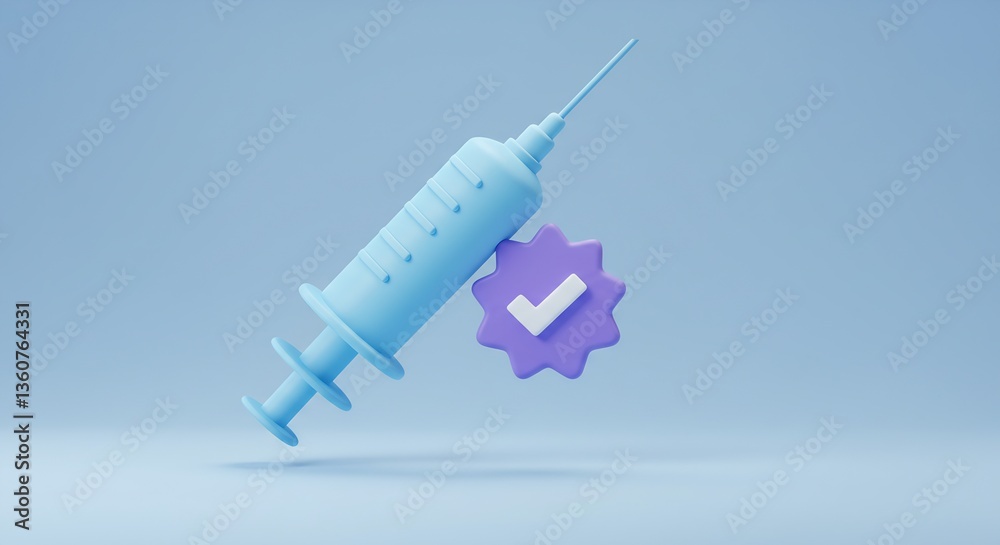 3D Render of a Light Blue Syringe with a Purple Check Mark Badge ...