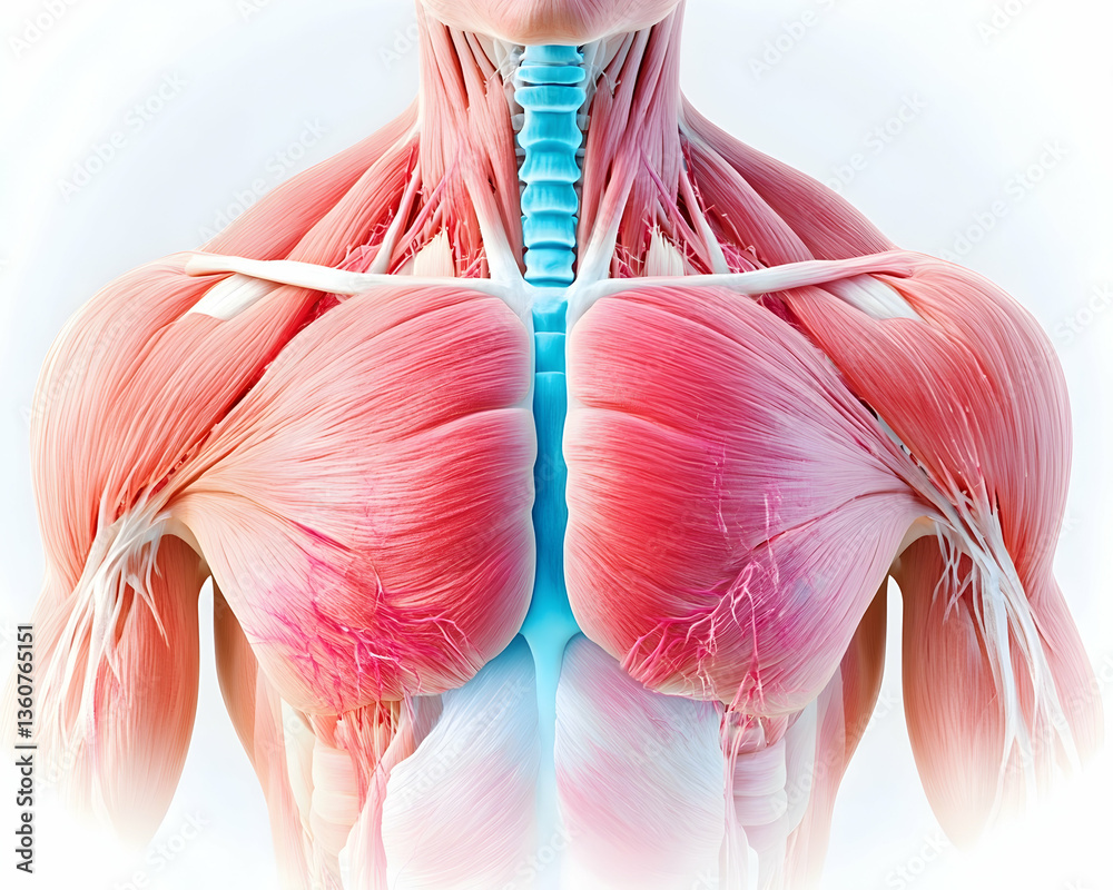 Upper body muscle anatomy, detailed rendering Stock Illustration ...