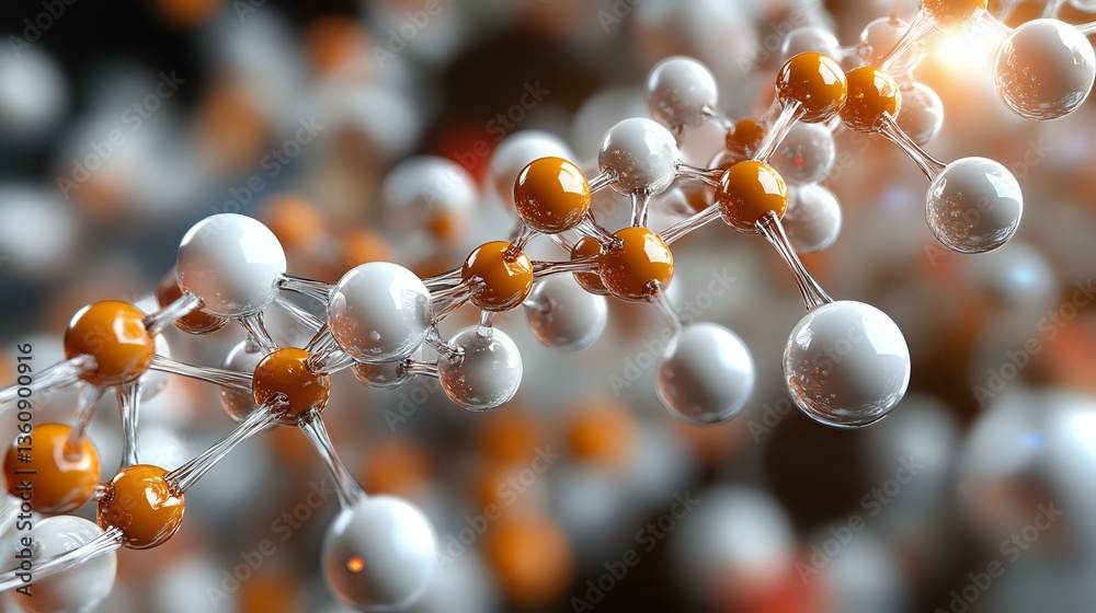 Molecular structure visualization with white and copper colored atoms ...