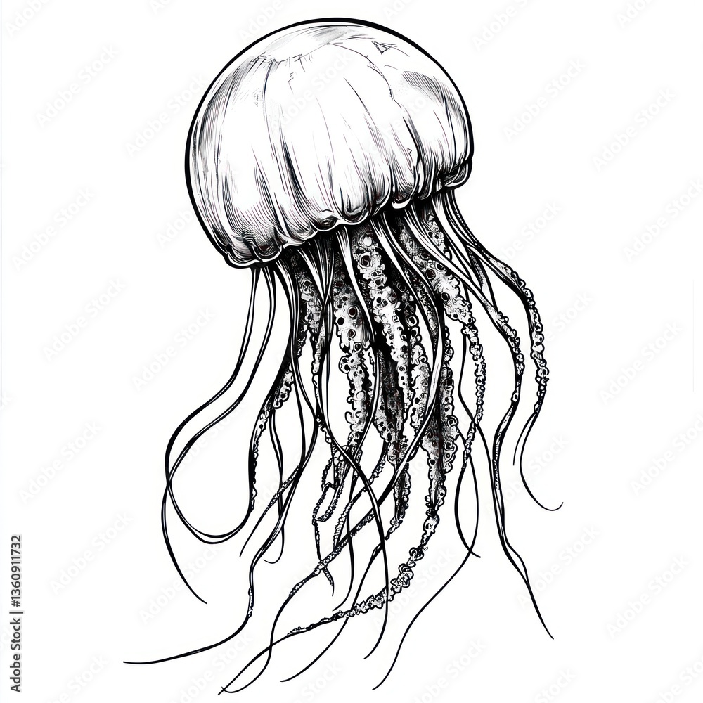 Detailed ink drawing of a jellyfish. The drawing showcases the ...