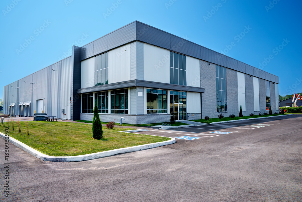Modern industrial warehouse with large windows, clean landscaping, and ...