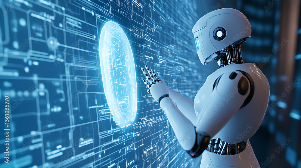 Design of a smart humanoid robot with artificial intelligence touching a hologram digital ...