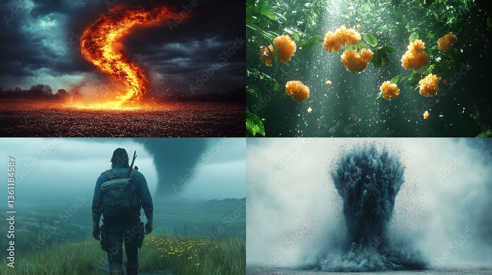 Four dramatic scenes fire tornado, fruit rain, man facing tornado, ink ...