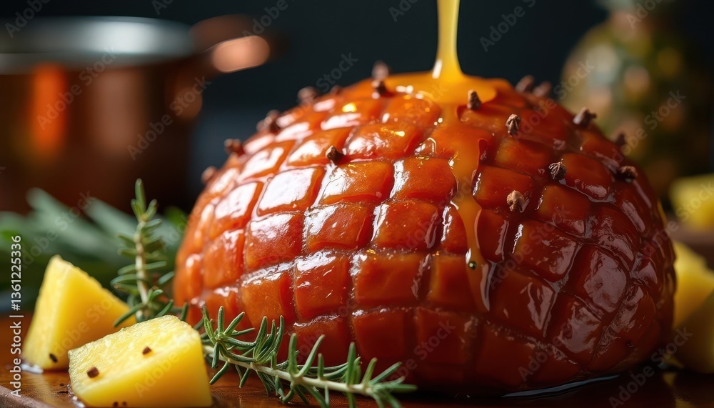 Ham glaze of pineapple-rum pouring over diamond-scored surface with ...