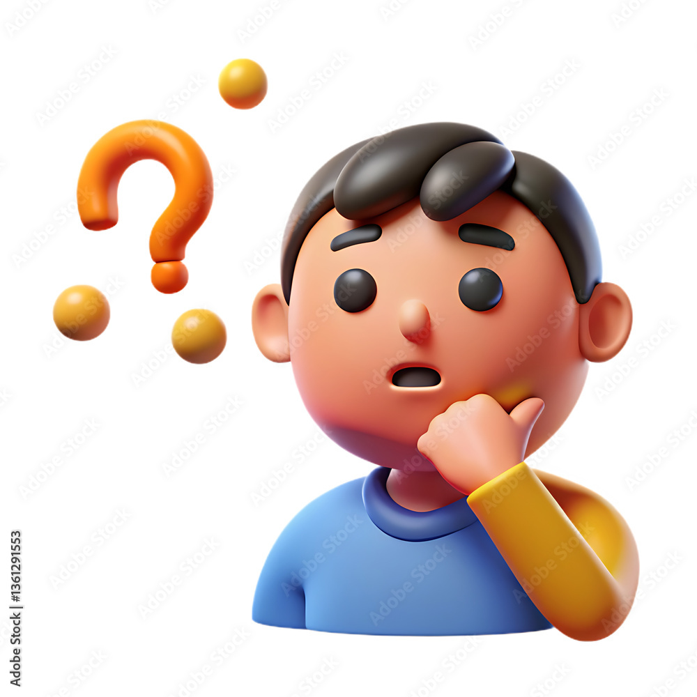 3D cartoon boy with a question mark Focused expression excited hmm ...