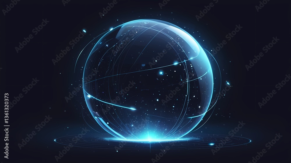 Glowing particle orbits surrounding a transparent sphere, sci-fi aesthetic Stock Illustration ...